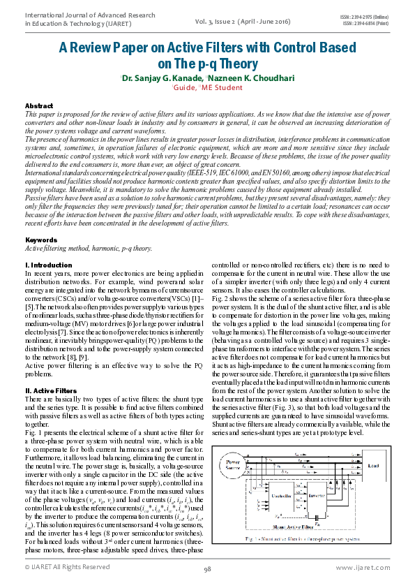 (PDF) A Review Paper on Active Filters with Control Based on The p-q ...