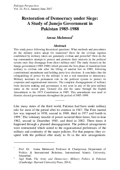 (PDF) Restoration of Democracy under Siege: A Study of Junejo Government in Pakistan 1985-1988