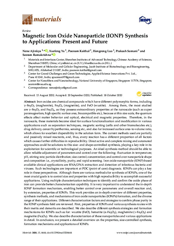 (PDF) Magnetic Iron Oxide Nanoparticle (IONP) Synthesis to Applications: Present and Future