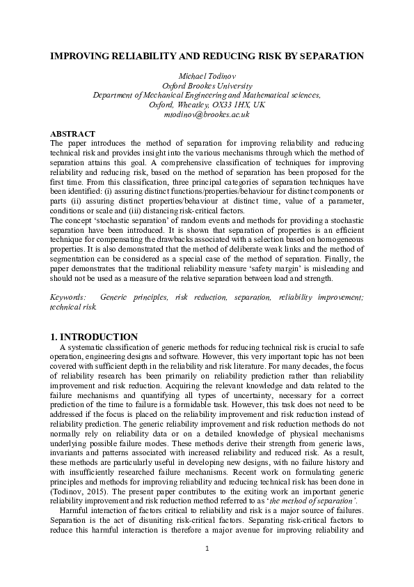 (PDF) Improving Reliability and Reducing Risk by Separation