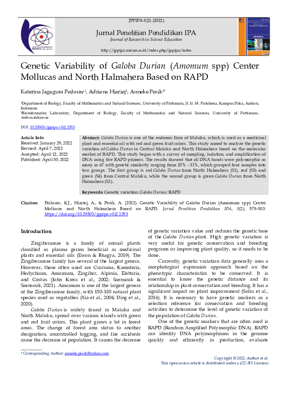 (PDF) Genetic Variability of Galoba Durian (Amomum spp) Center Mollucas ...