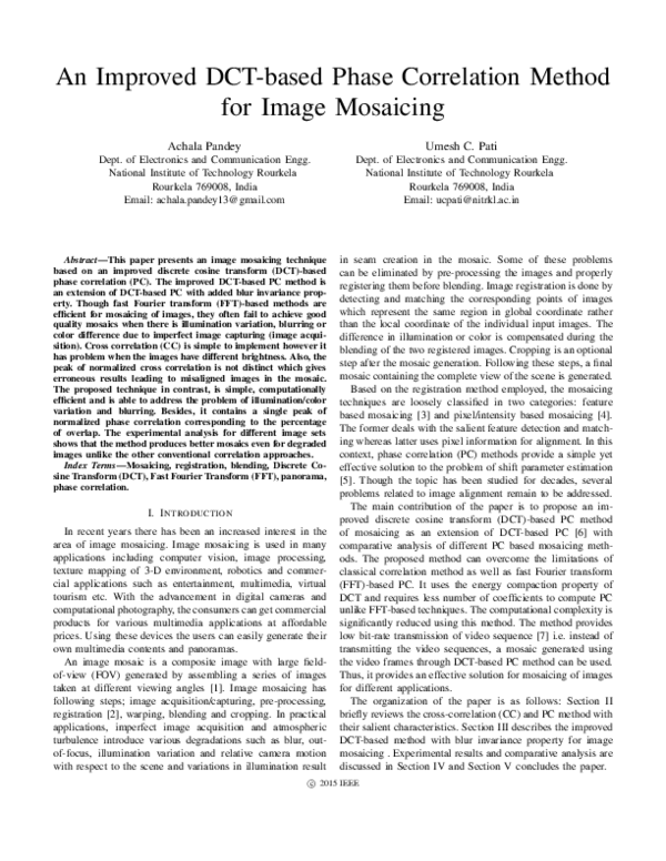 (PDF) An improved DCT-based phase correlation method for image mosaicing | Achala Pandey ...