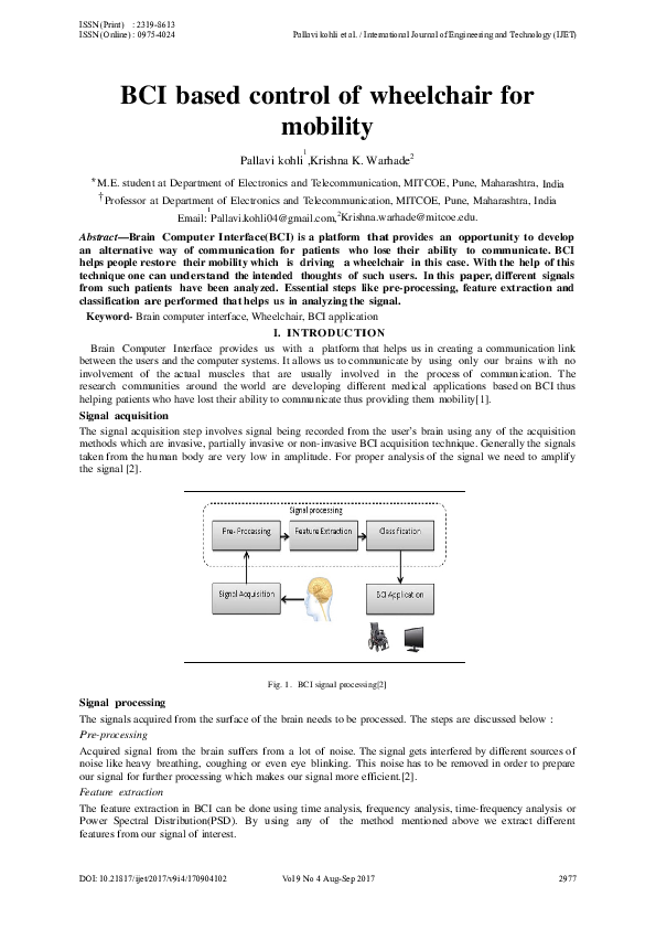 (PDF) BCI based control of wheelchair for mobility
