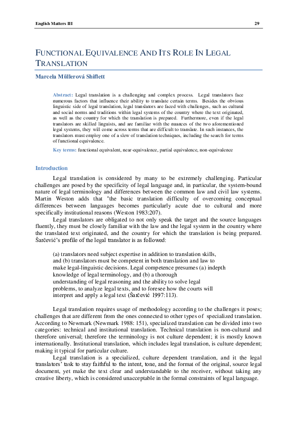 Pdf Functional Equivalence And Its Role In Legal Translation