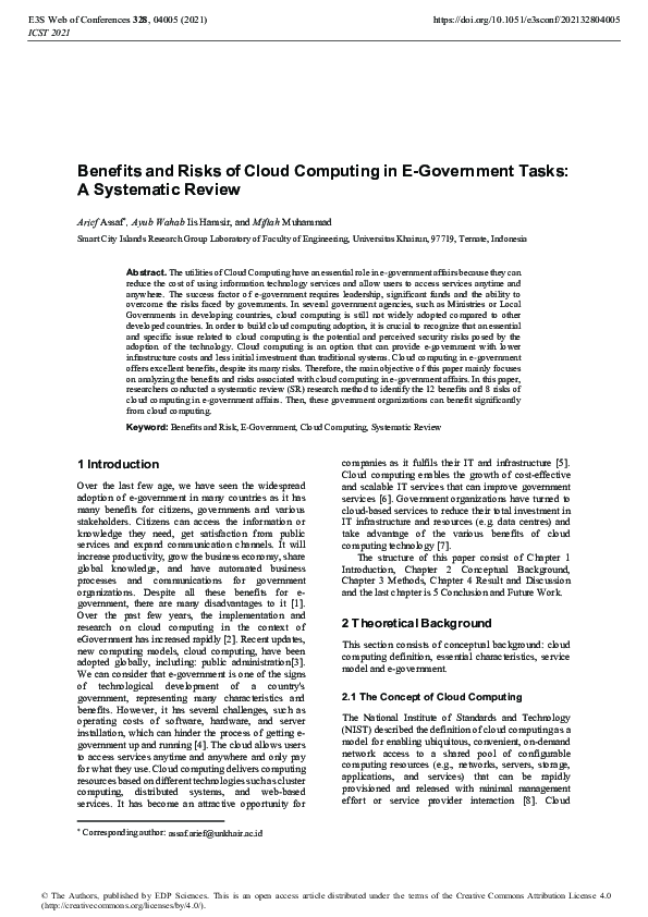 (PDF) Benefits and Risks of Cloud Computing in E-Government Tasks: A Systematic Review