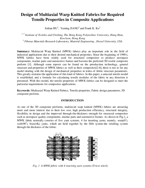 (PDF) Design of Multiaxial Warp Knitted Fabrics for Required Tensile ...