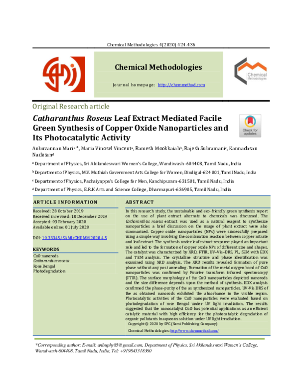 (PDF) Catharanthus Roseus Leaf Extract Mediated Facile Green Synthesis of Copper Oxide ...