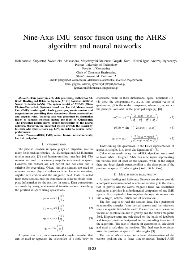 (PDF) Nine-Axis IMU sensor fusion using the AHRS algorithm and neural networks