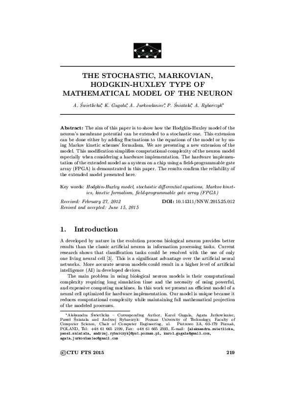 (PDF) The stochastic, Markovian, Hodgkin-Huxley type of mathematical model of the neuron