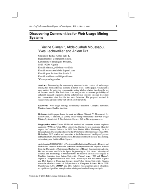 (PDF) Discovering Communities for Web Usage Mining Systems
