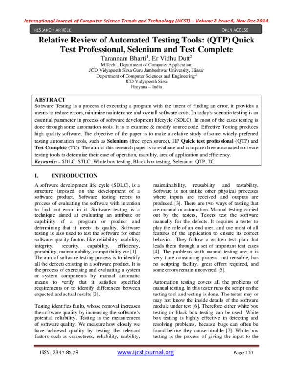 Pdf Relative Review Of Automated Testing Tools Qtp Quick Test Professional Selenium And