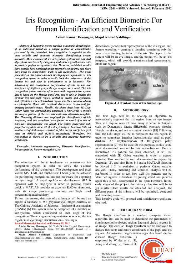 Pdf Iris Recognition An Efficient Biometric For Human Identification