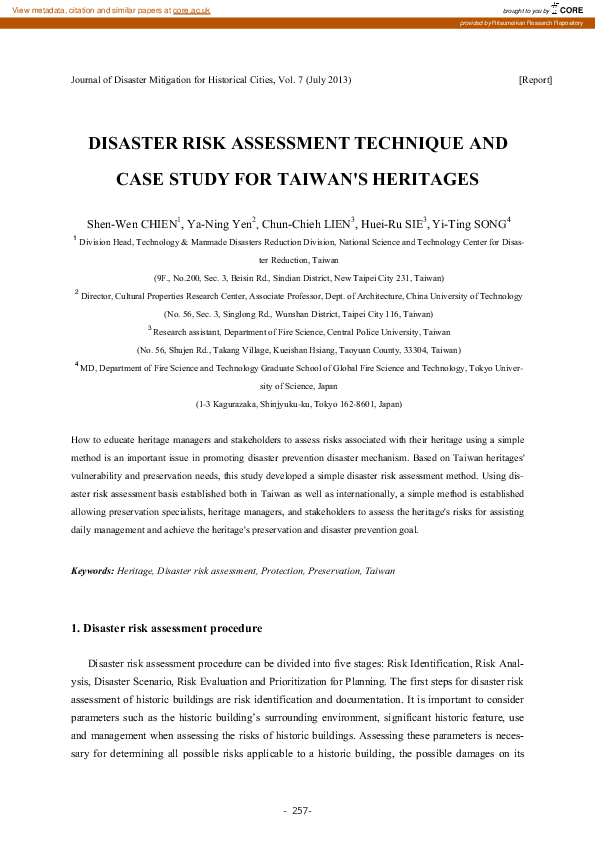 (PDF) Disaster Risk Assessment Technique and Case Study for Taiwan's ...