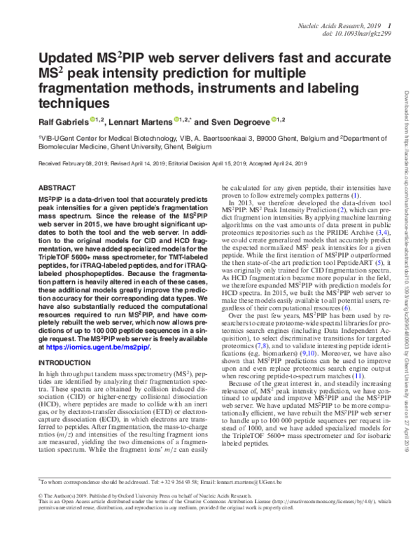 (PDF) Updated MS2PIP web server delivers fast and accurate MS2 peak intensity prediction for ...
