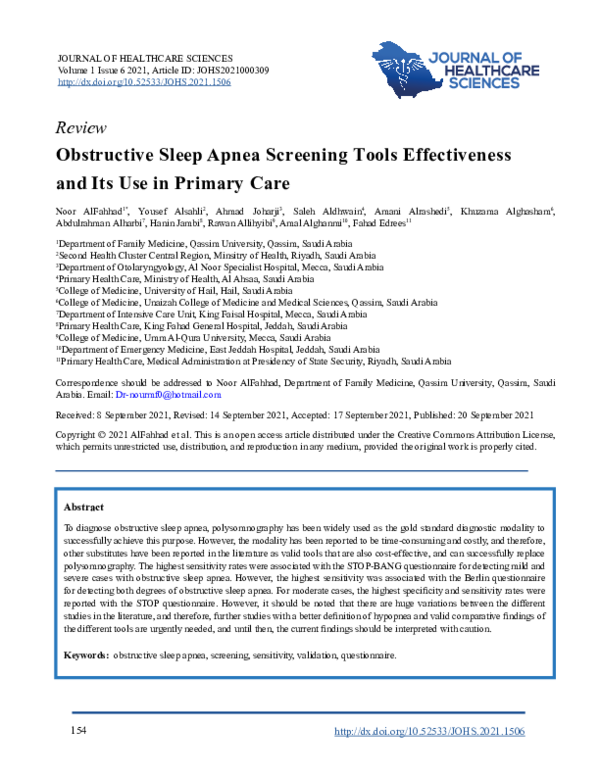 (PDF) Obstructive Sleep Apnea Screening Tools Effectiveness and Its Use in Primary Care