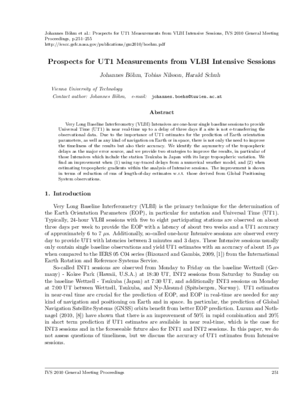 (PDF) Prospects for UT1 Measurements from VLBI Intensive Sessions