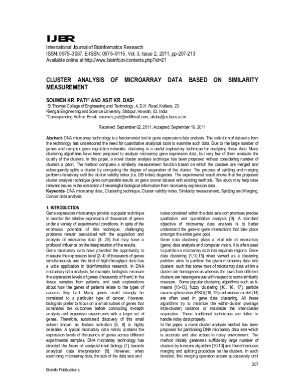 (PDF) Cluster Analysis of Microarray Data Based on Similarity Measurement