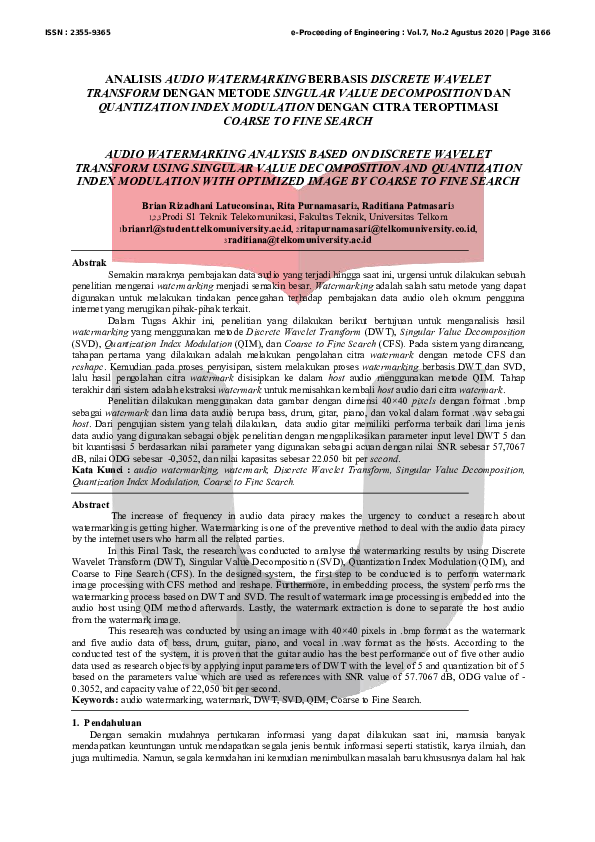 Pdf Analisis Audio Watermarking Berbasis Discrete Wavelet Transform Dengan Metode Singular