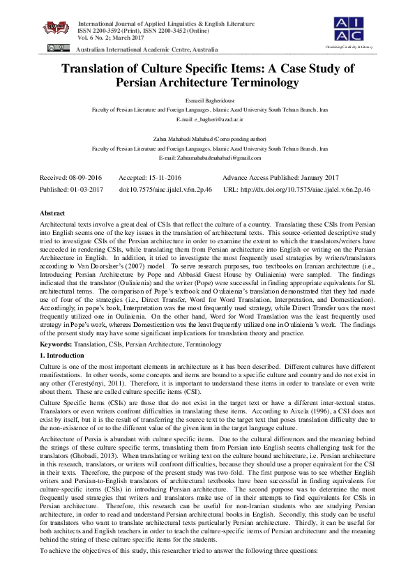 (PDF) Translation of Culture Specific Items: A Case Study of Persian ...