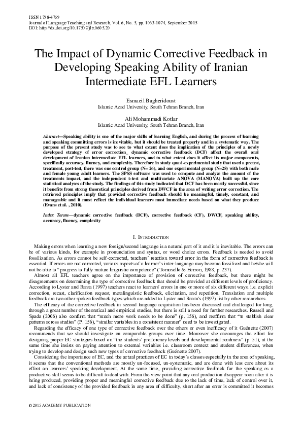 (PDF) The Impact of Dynamic Corrective Feedback in Developing Speaking ...