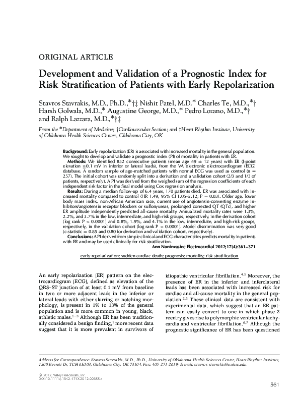 Development and Validation of a Prognostic Index for Risk Stratification of Patients with Early ...
