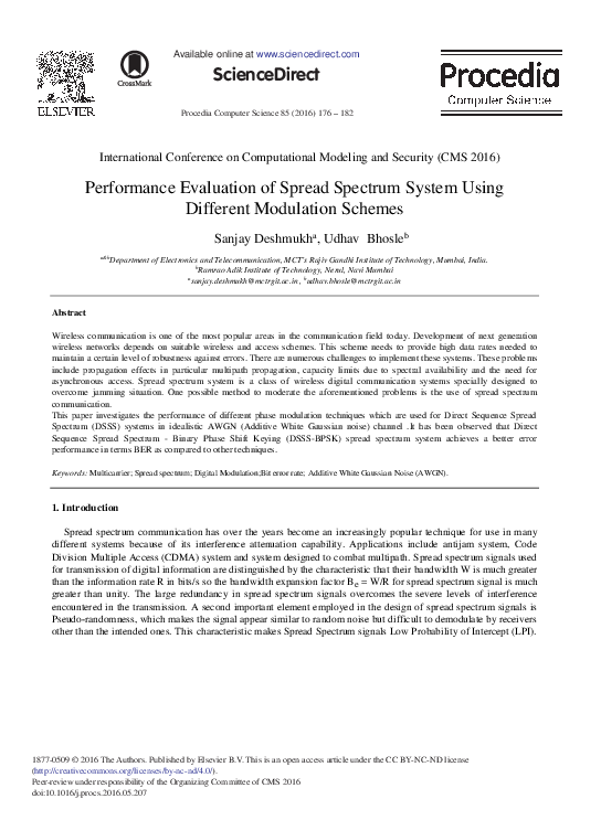 Pdf Performance Evaluation Of Spread Spectrum System Using Different Modulation Schemes