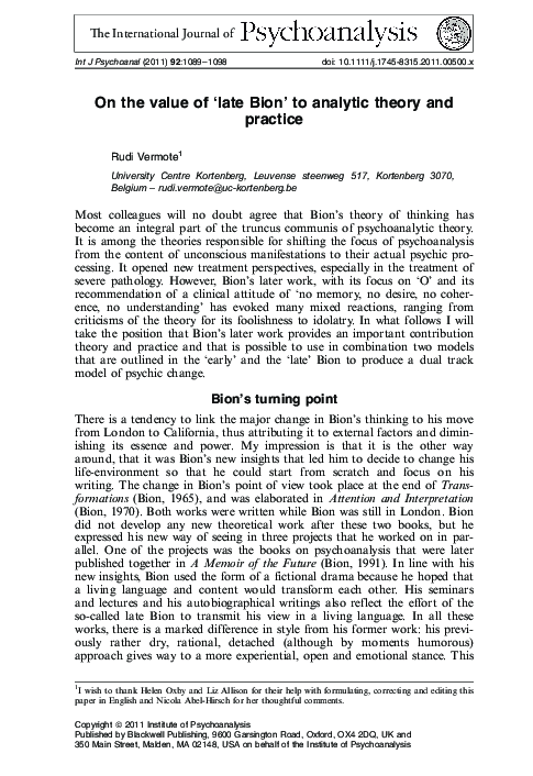 (PDF) On the value of ‘late Bion’ to analytic theory and practice