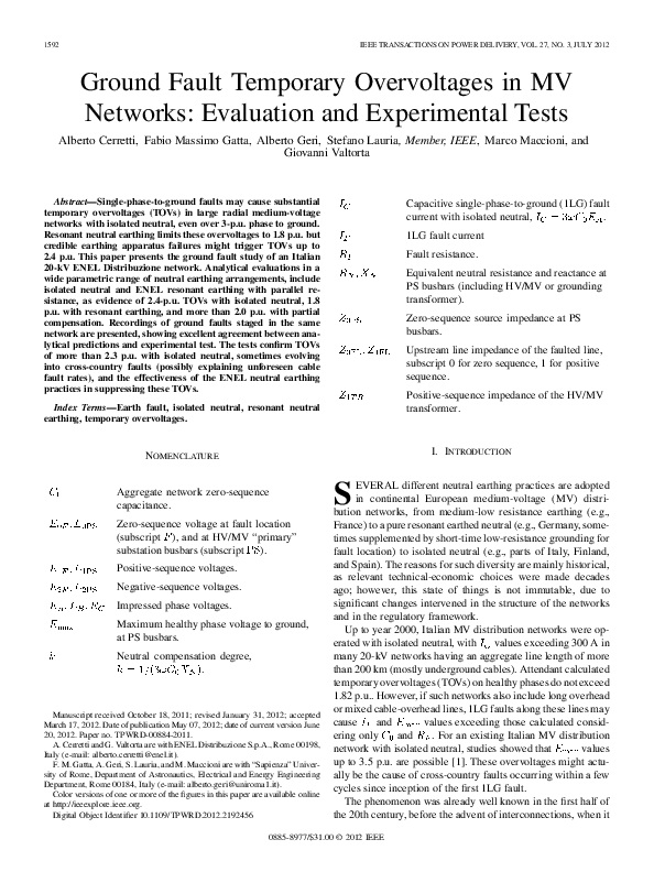 (PDF) Ground Fault Temporary Overvoltages in MV Networks: Evaluation ...