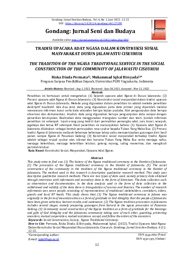 (PDF) Tradisi Upacara Adat Ngasa Dalam Konstruksi Sosial Masyarakat Dusun Jalawastu Ciseuruh