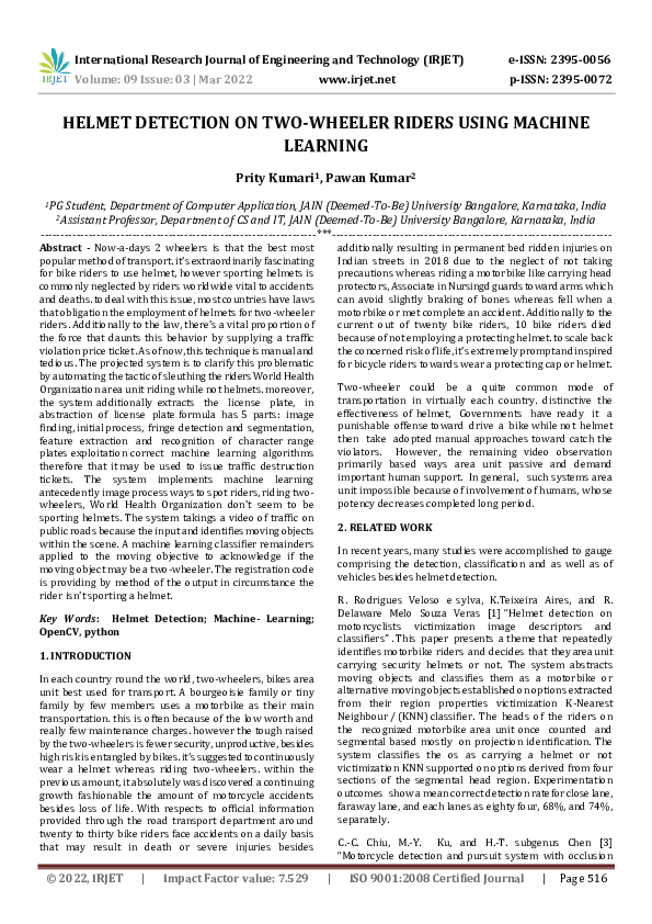 Pdf Helmet Detection On Two Wheeler Riders Using Machine Learning