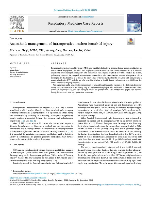 (PDF) Anaesthetic management of intraoperative tracheo-bronchial injury