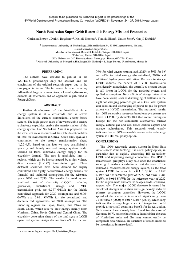 (PDF) North-East Asian Super Grid: Renewable energy mix and economics