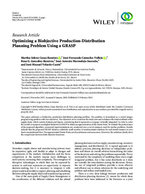 Pdf Optimizing A Biobjective Production Distribution Planning Problem Using A Grasp