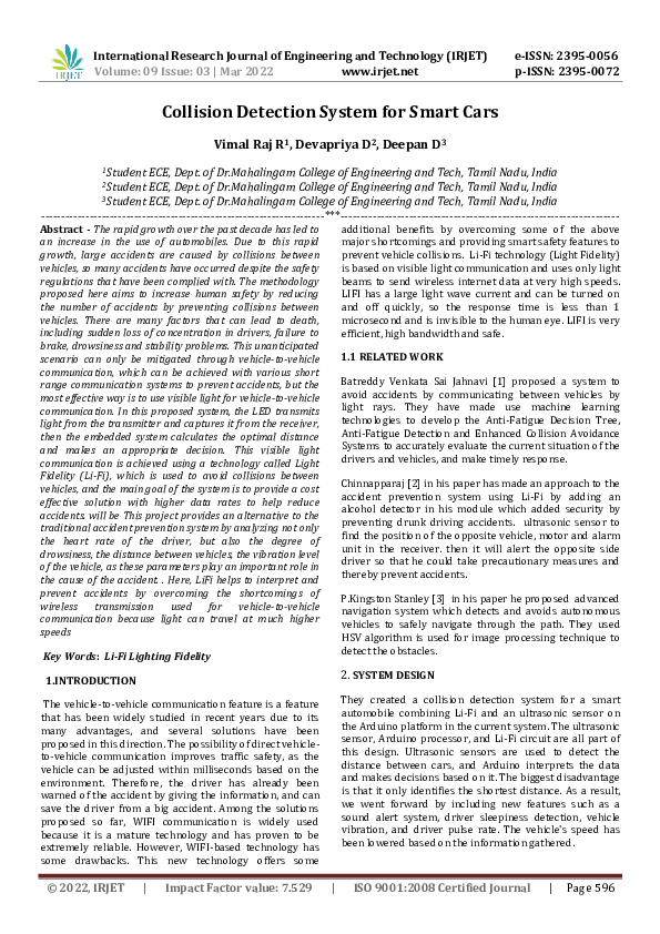 (PDF) Collision Detection System for Smart Cars