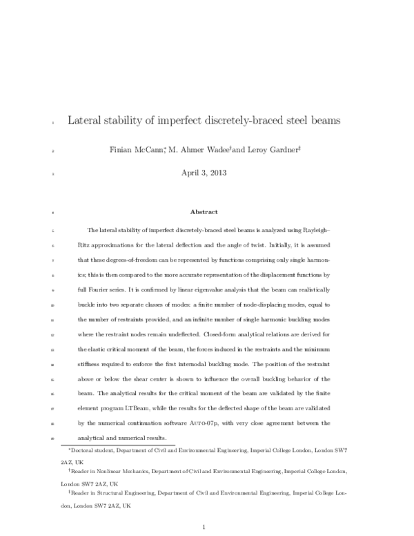 (PDF) Lateral Stability of Imperfect Discretely Braced Steel Beams ...