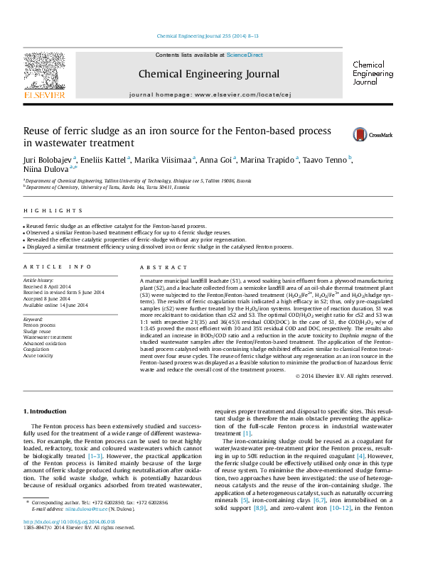 (PDF) Reuse of ferric sludge as an iron source for the Fenton-based ...