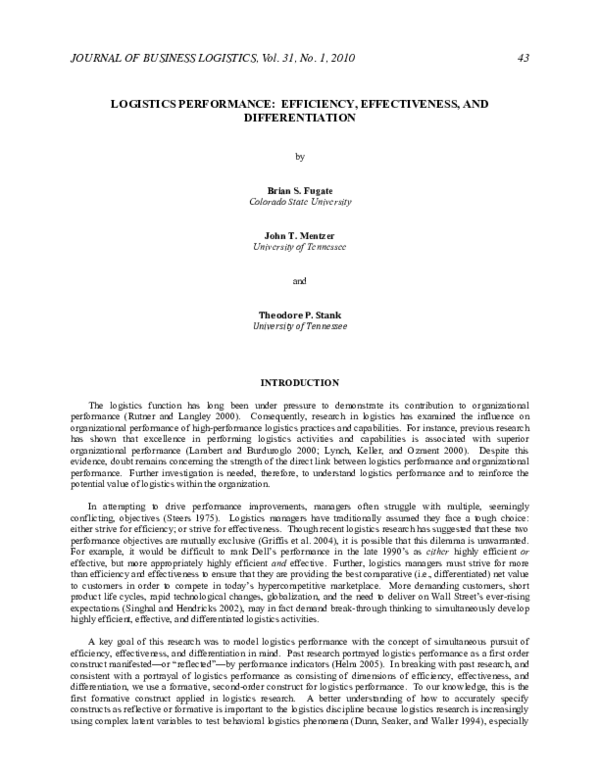 (PDF) Logistics Performance: Efficiency, Effectiveness, and Differentiation