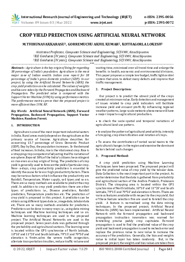 Pdf Crop Yield Prediction Using Artificial Neural Network