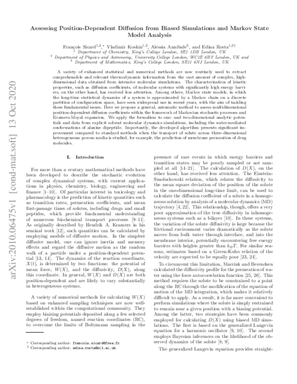 (PDF) Position-Dependent Diffusion from Biased Simulations and Markov State Model Analysis
