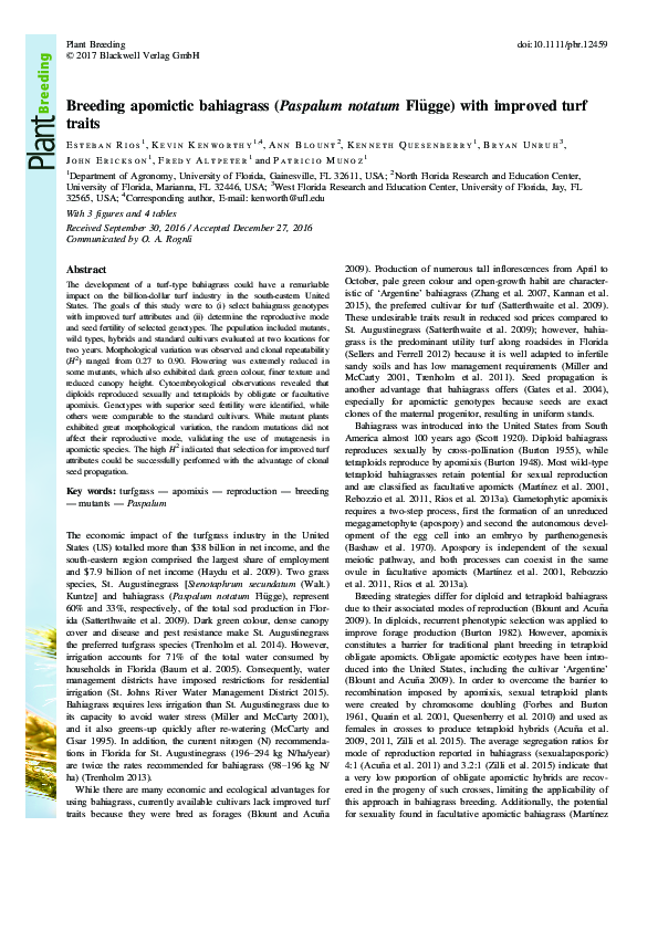 (PDF) Breeding apomictic bahiagrass (Paspalum notatumFlügge) with ...