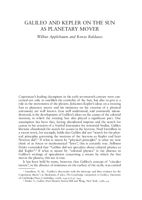 (PDF) Galileo and Kepler on the Sun as planetary mover