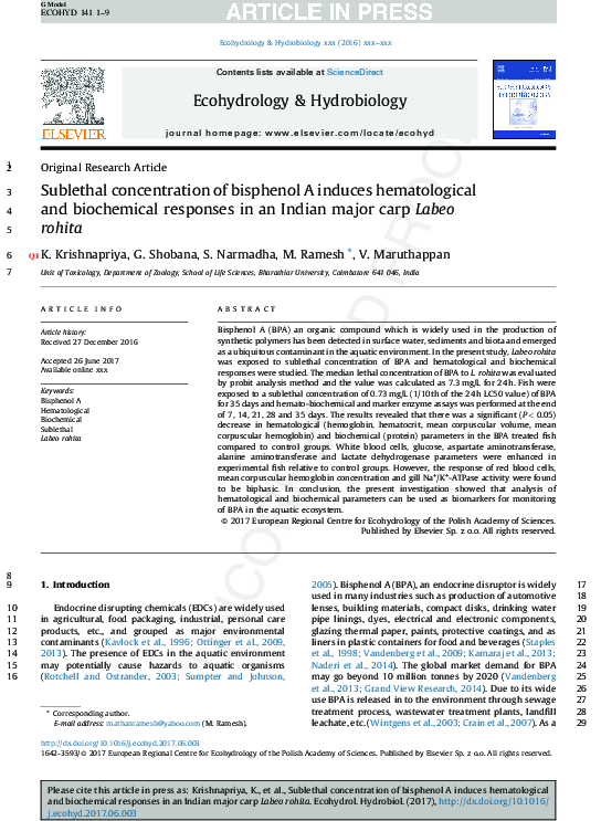 (PDF) Sublethal concentration of bisphenol A induces hematological and ...