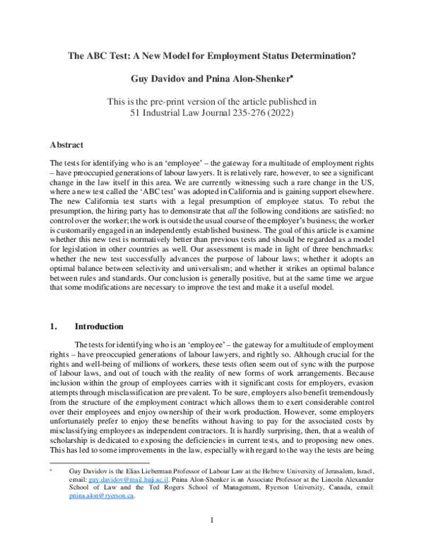 (PDF) The ABC Test: A New Model for Employment Status Determination