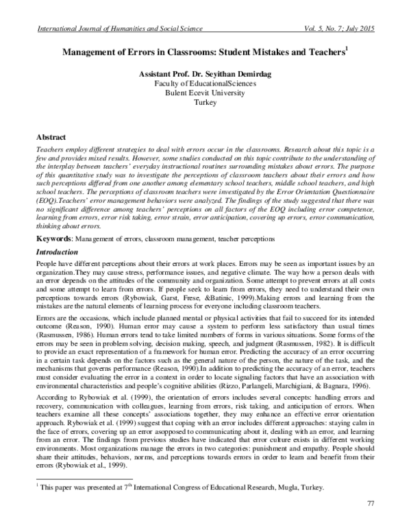 (PDF) Management of Errors in Classrooms: Student Mistakes and Teachers ...