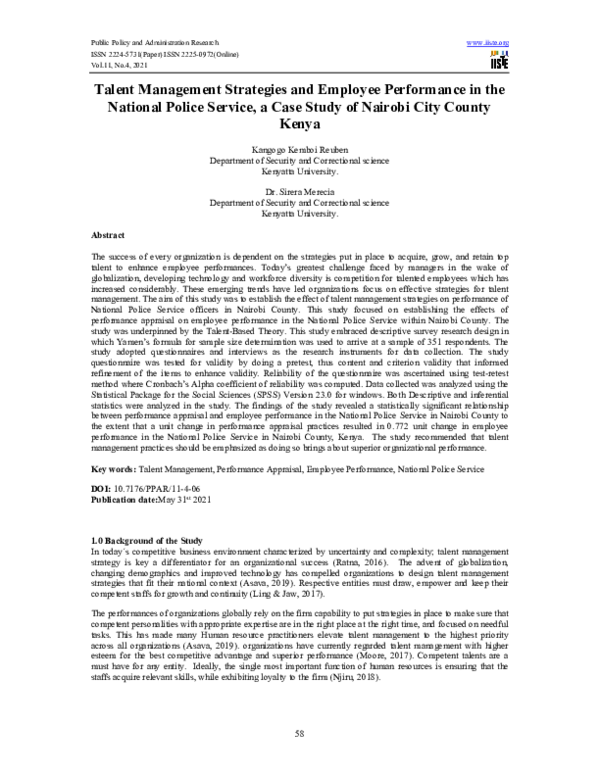 (PDF) Talent Management Strategies and Employee Performance in the National Police Service, a ...