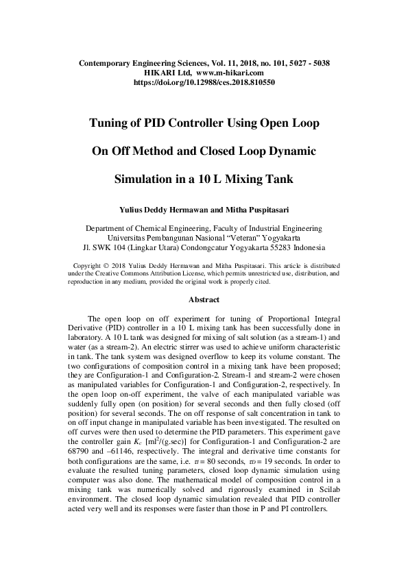 Pdf Tuning Of Pid Controller Using Open Loop On Off Method And Closed Loop Dynamic Simulation 3953