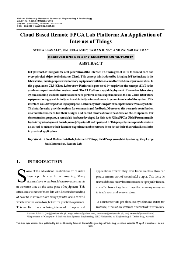 (PDF) Cloud Based Remote FPGA Lab Platform: An Application of Internet of Things