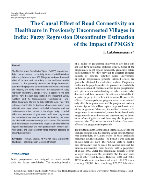 (PDF) The Causal Effect of Road Connectivity on Healthcare in ...