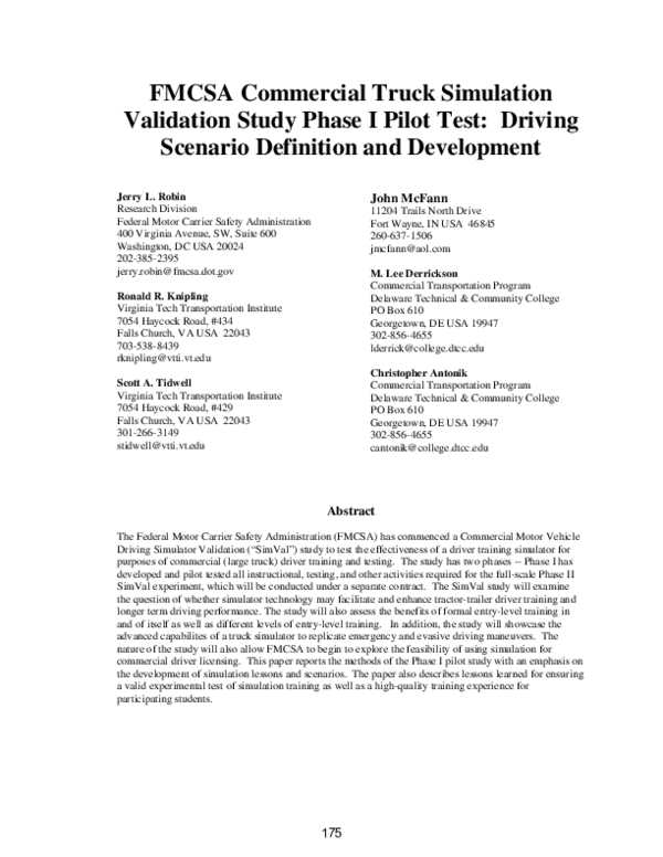 (PDF) FMCSA Commerical Truck Simulation Validation Study Phase I Pilot ...