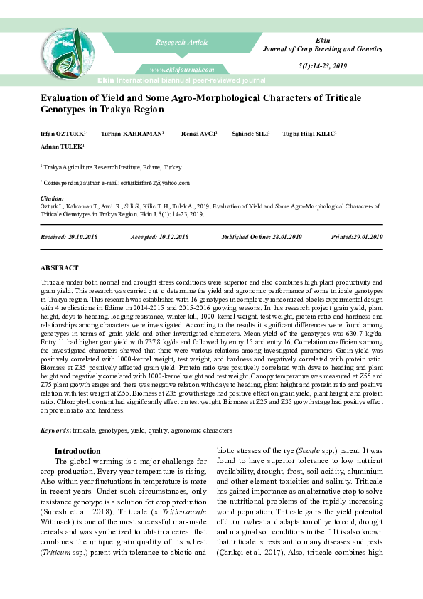 (PDF) Evaluation of Yield and Some Agro-Morphological Characters of Triticale Genotypes in ...